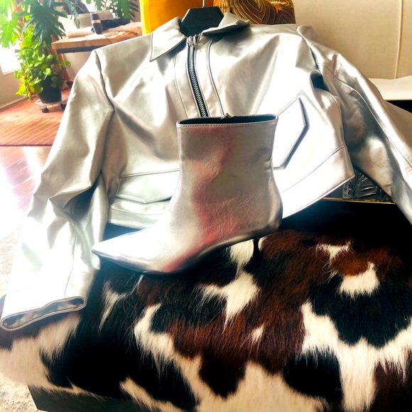 Mango | Jackets & Coats | Mango Metallic Silver Cropped Jacket Sz L ...